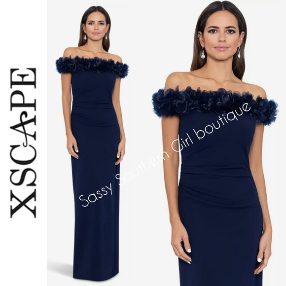 Xscape | Dresses | Blue 3d Floral Applique Maxi Formal Dress | Poshmark